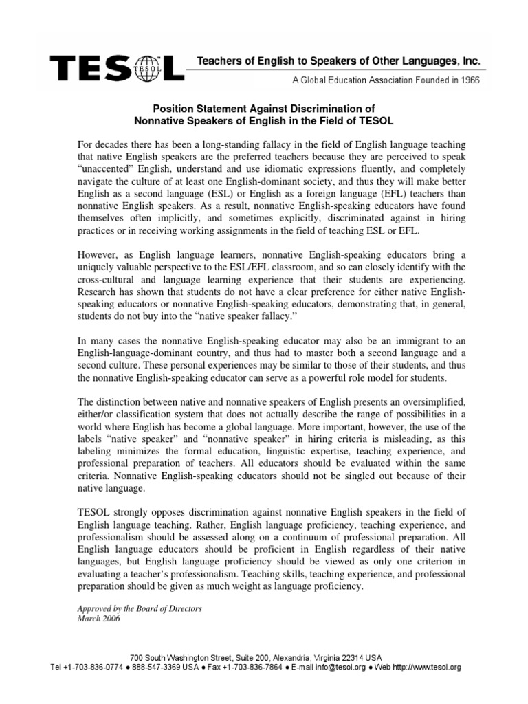 TESOL statement against discrimination.pdf | Humanities Education ...