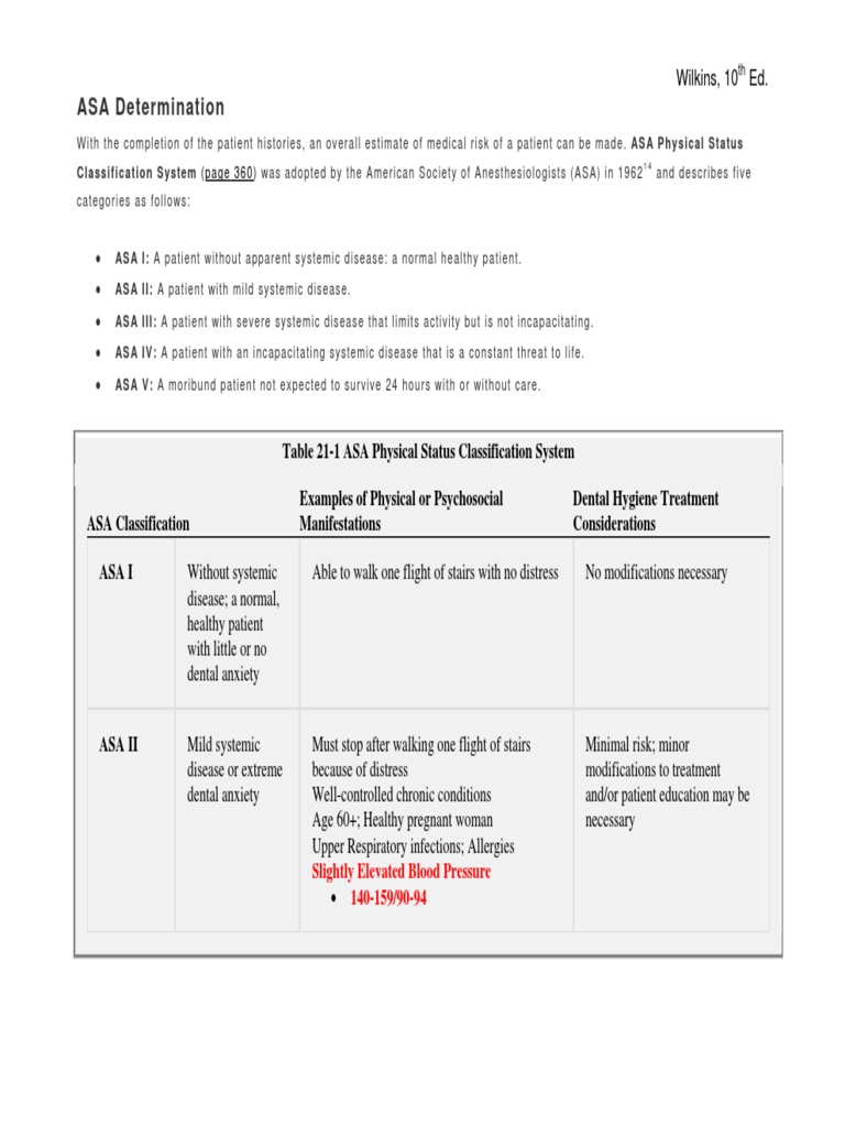 ASA Risk Classifications-Wilkens 10th Ed and Malamed 5th Ed | PDF ...