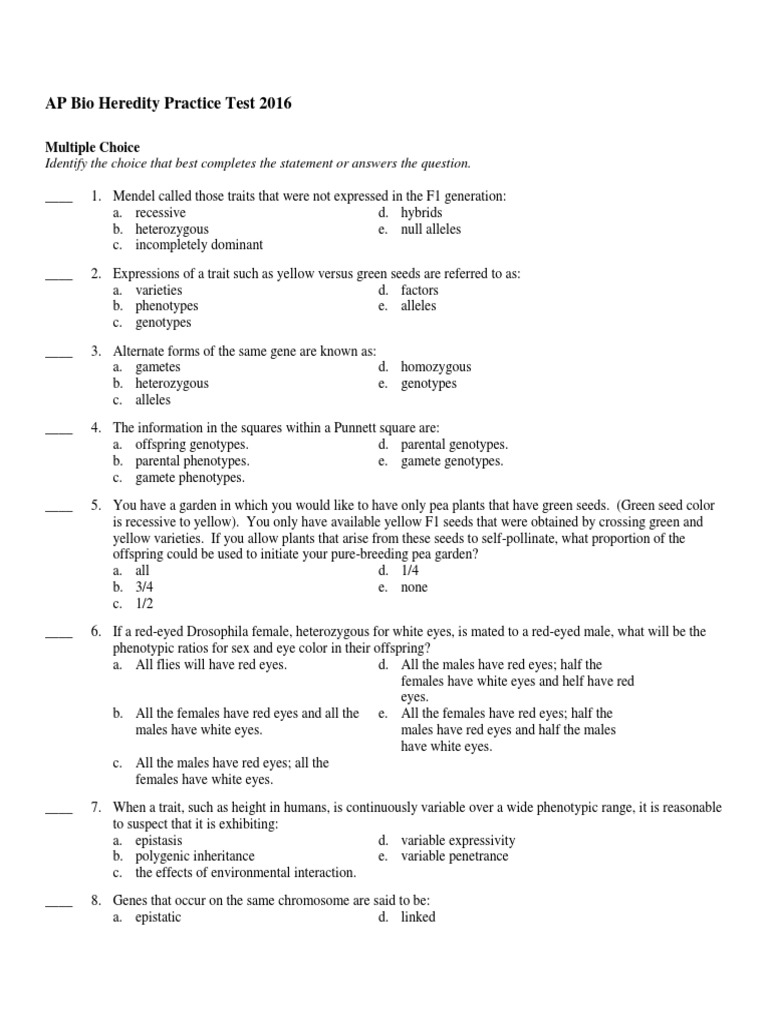 AP Bio Heredity Practice Test 2016 | PDF | Dominance (Genetics) | Zygosity