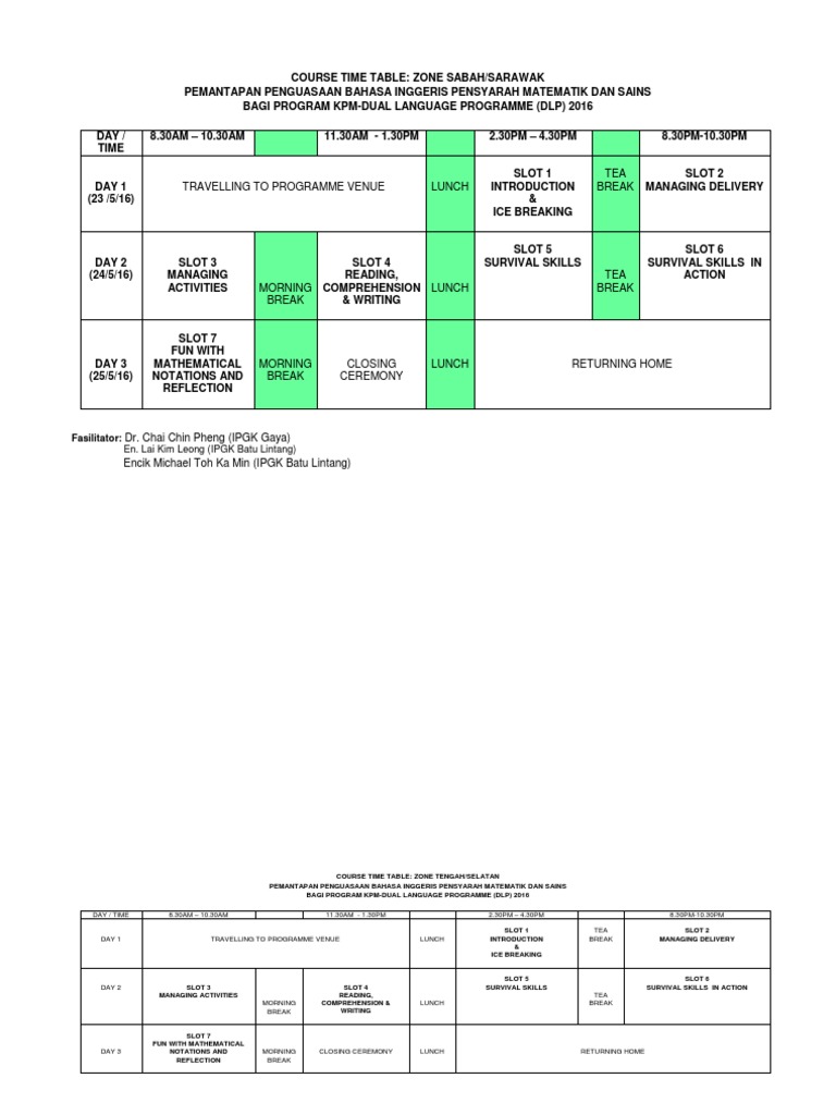 DLP English Course Timetable 2016 | PDF