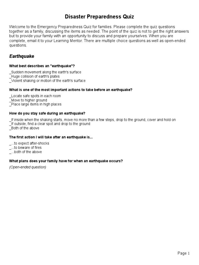Family Emergency Preparedness Quiz | PDF | Volcano | Flood