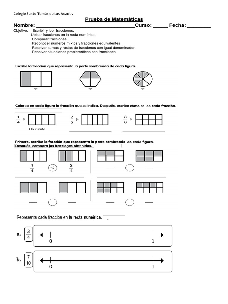 Prueba de Fracciones Cuarto | PDF