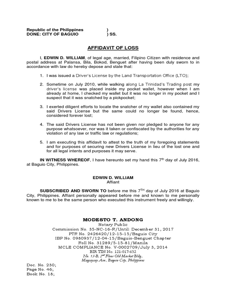 Aff. of Loss-Drivers License | Affidavit | Document