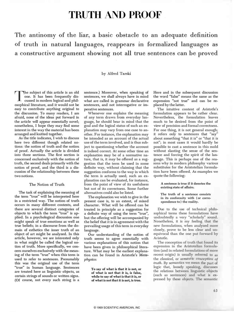 Truth and Proof - Alfred Tarski PDF | PDF | Truth | Logic