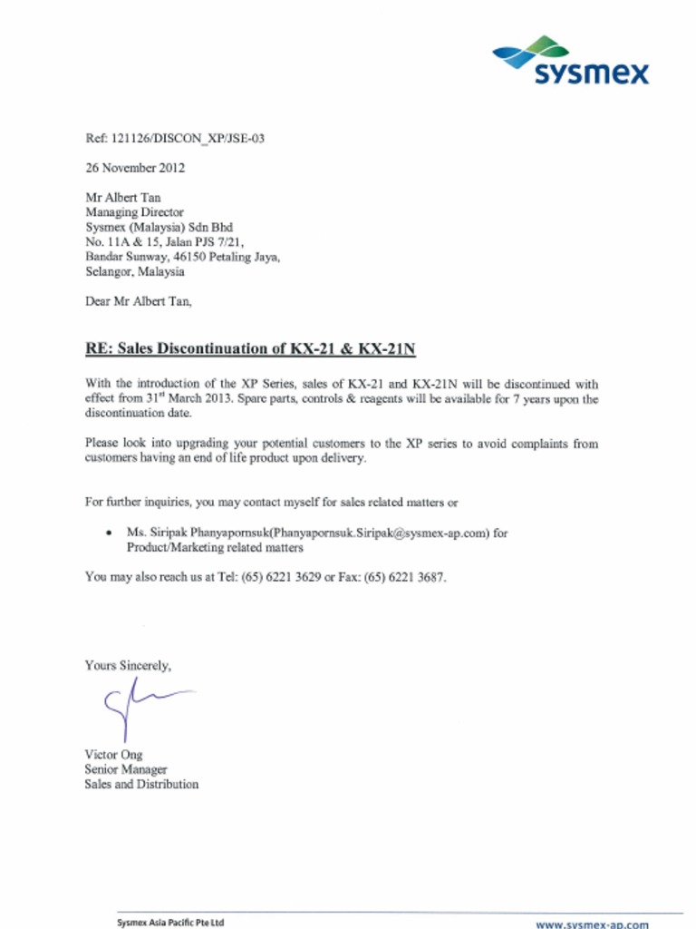 Letter Kx-21 Eos Product Discontinuation | PDF