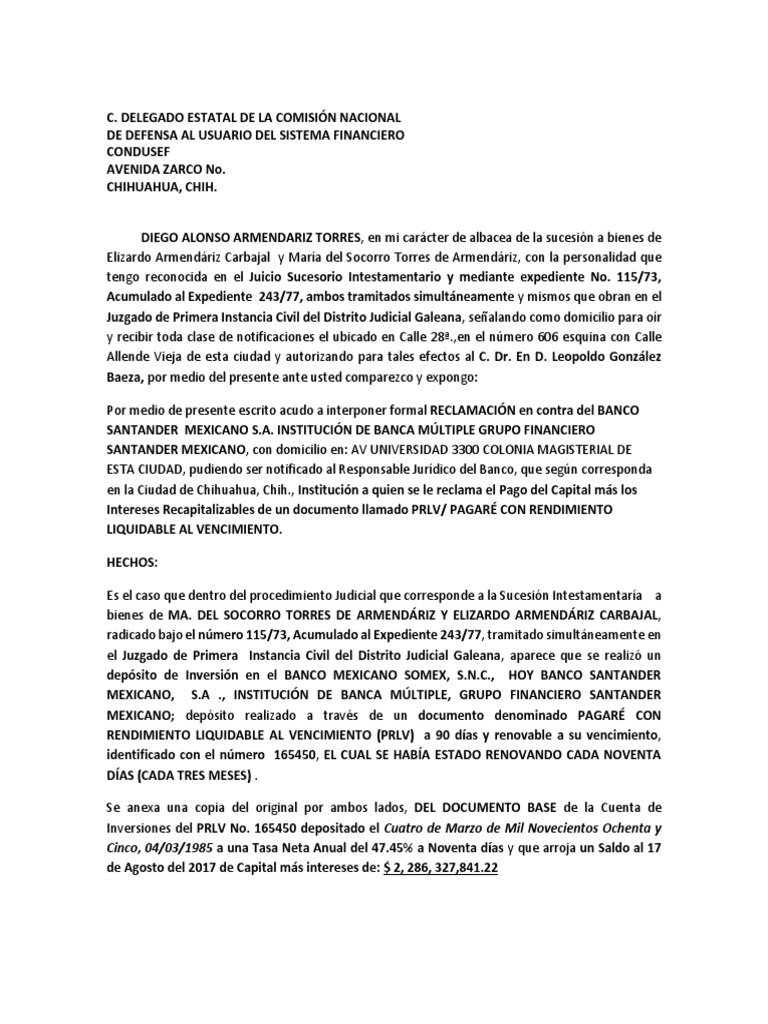 Reclamo Ante Conducef PRLV Banco Santander Mex. Ago 2017 (1) Revisado ...