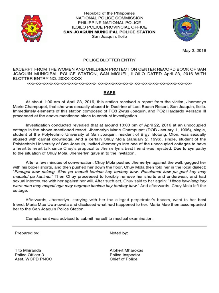 Police Blotter Report | Download Free PDF | Violent Crime | Misconduct