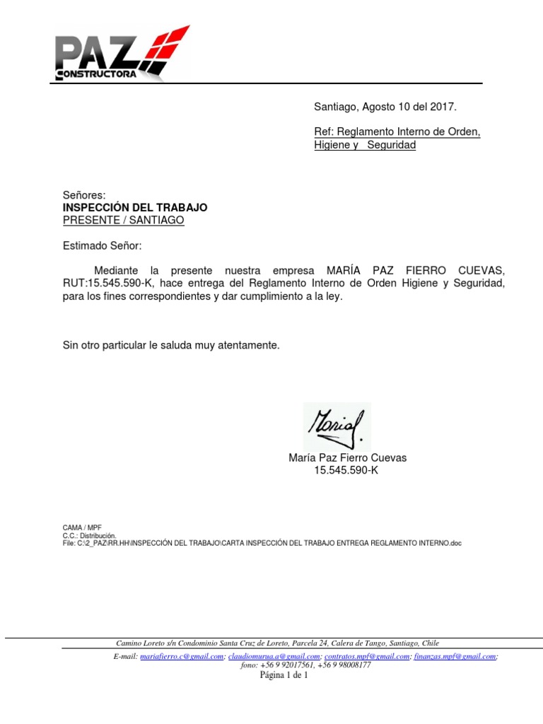 Carta Inspección Del Trabajo Entrega Reglamento Interno | PDF