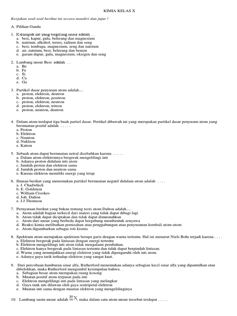 Soal Pts Kimia Kelas X 2017-2018 | PDF