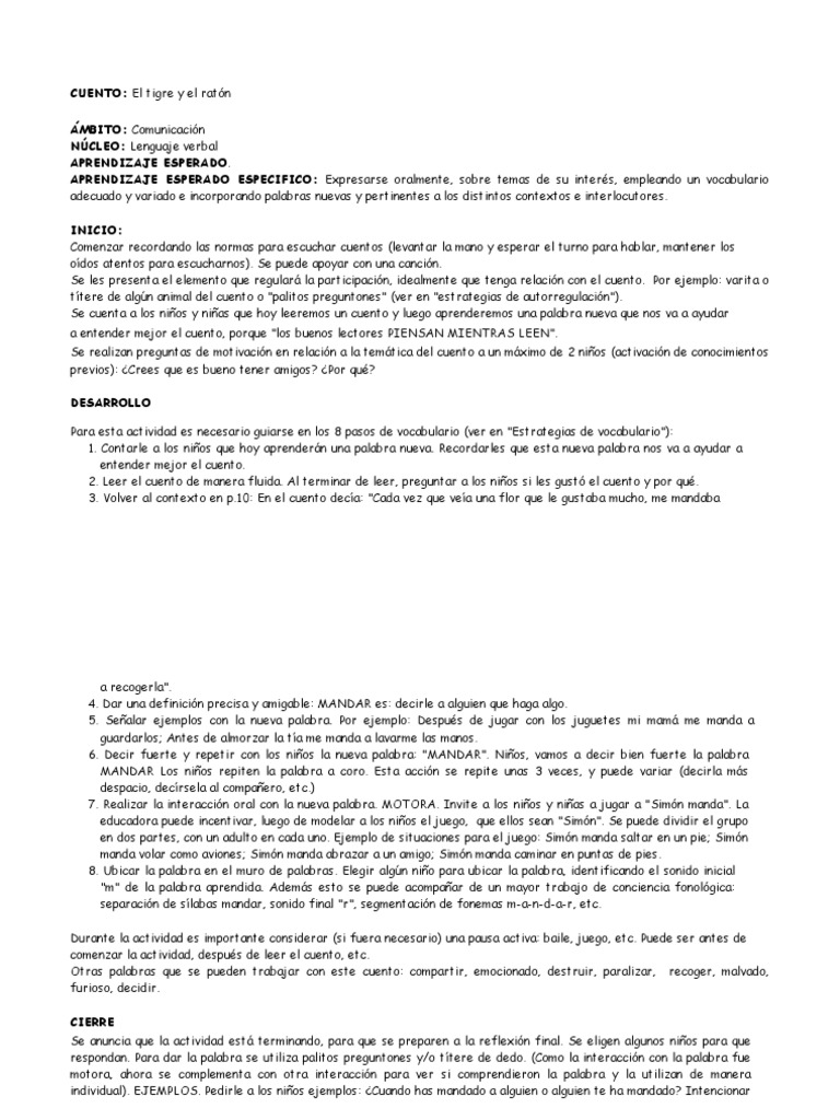 El Tigre Y El Raton Pdf Palabra Cuentos