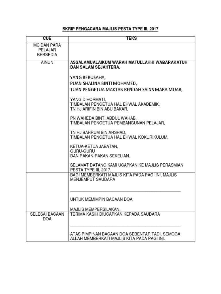 Skrip Pengacara Majlis Pesta Type III | PDF
