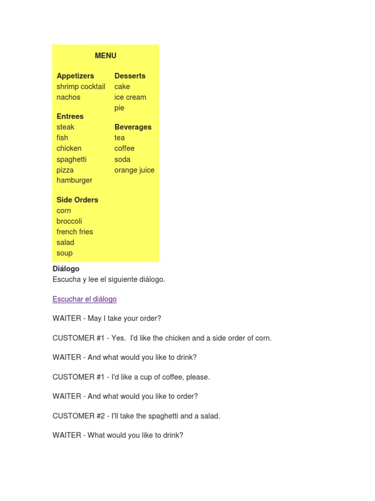 Menu Appetizers Desserts: Escuchar El Diálogo | PDF