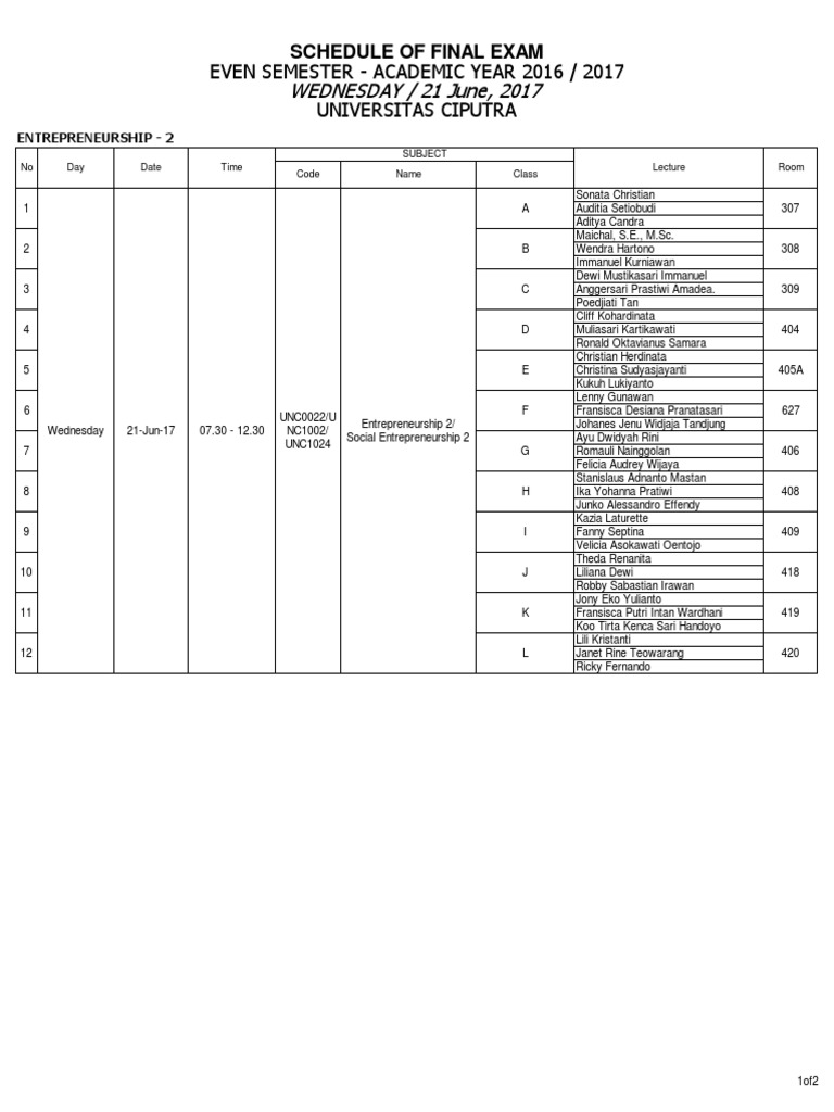 Entrepreneurship 2 Final Exam Schedule | PDF