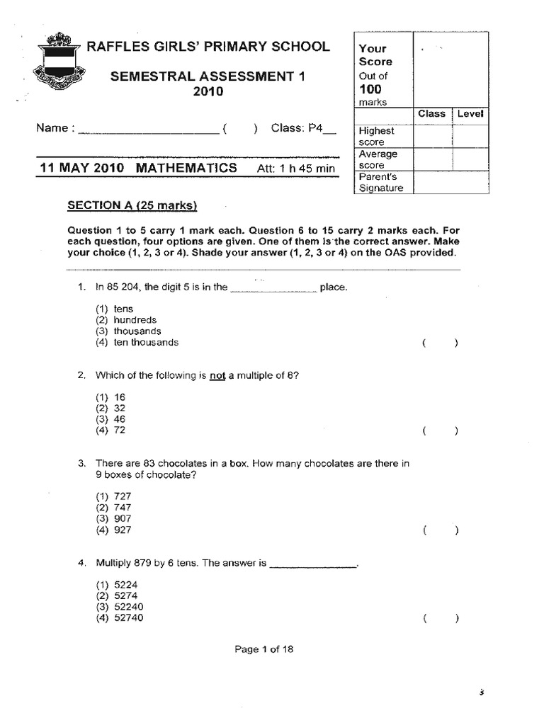 2010 P4 Math SA1 RGPS PDF | PDF