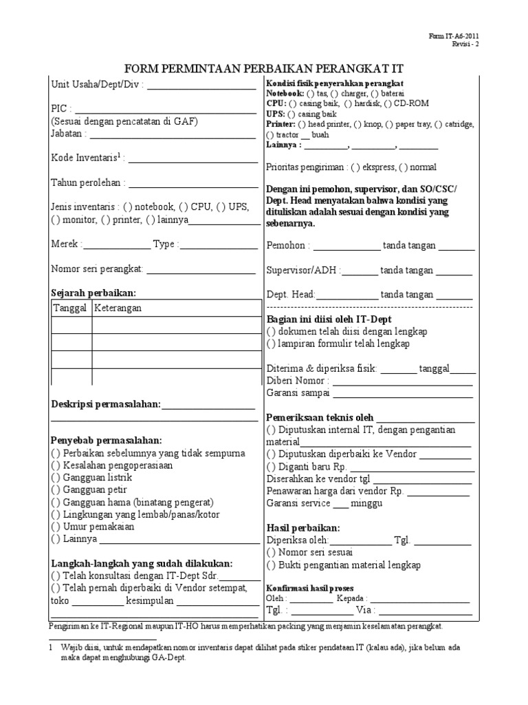IT A6 2011 Form Permintaan Perbaikan Perangkat IT Form | PDF