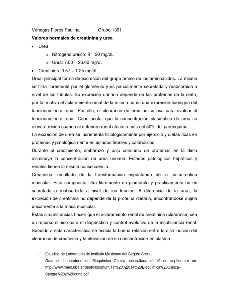 Valores Normales de Creatinina y Urea | PDF