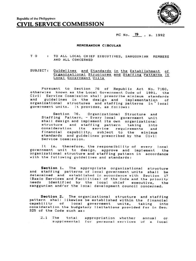 Civil Service Commission Memorandum Circular No. 19, S. 1992 - Creation ...