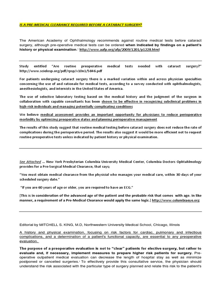 Is A Pre-Medical Clearance Required Before A Cataract Surgery? | PDF ...