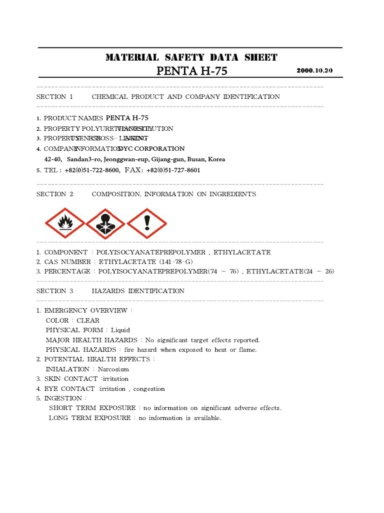 Penta H-75 (GHS) Msds (Eng) | PDF | Firefighting | Fires