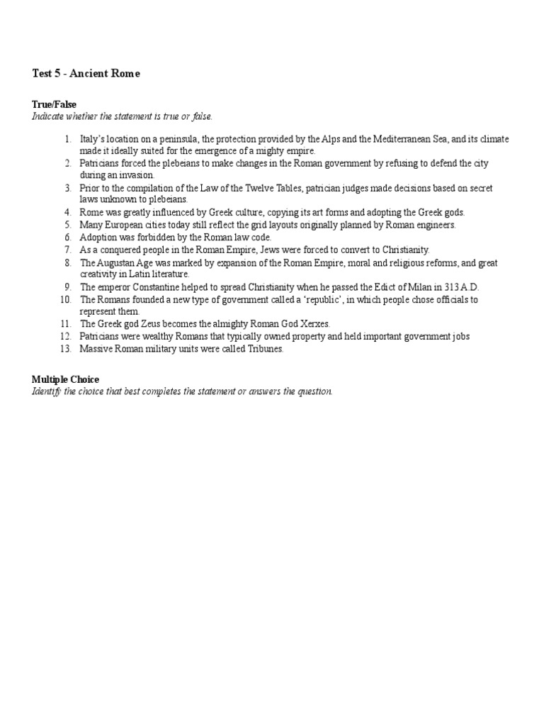 Test 5 - Ancient Rome | PDF | Ancient Rome | Roman Republic