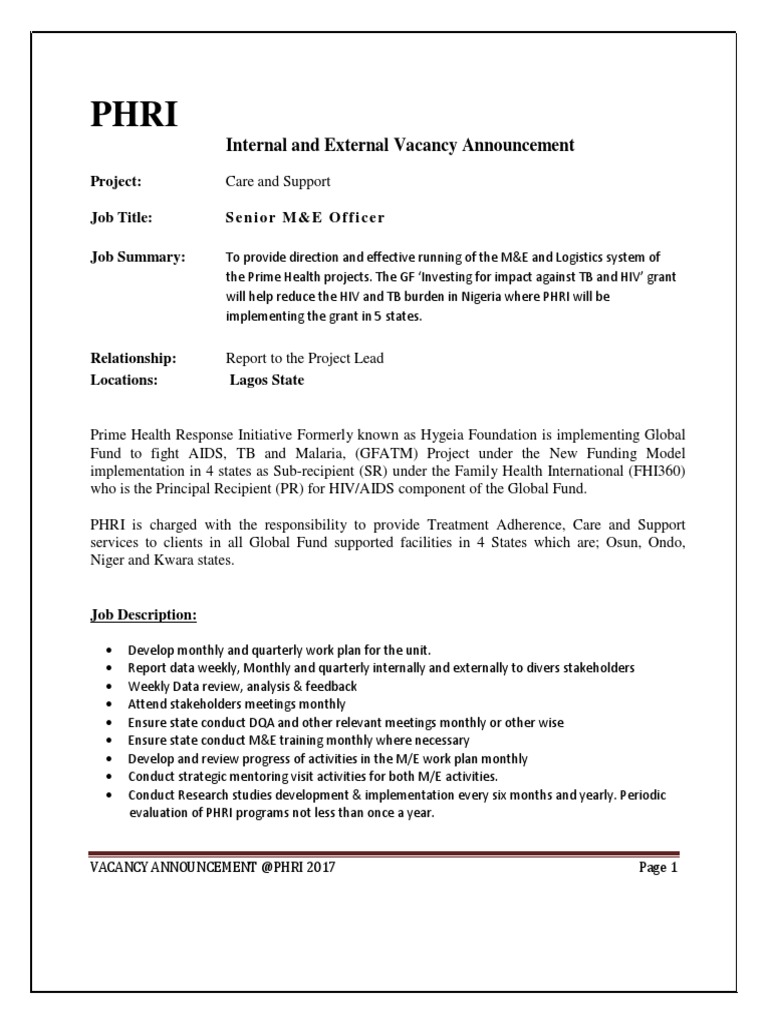 Internal and External Vacancy Announcement (S e N I o R M & E O F F I C ...