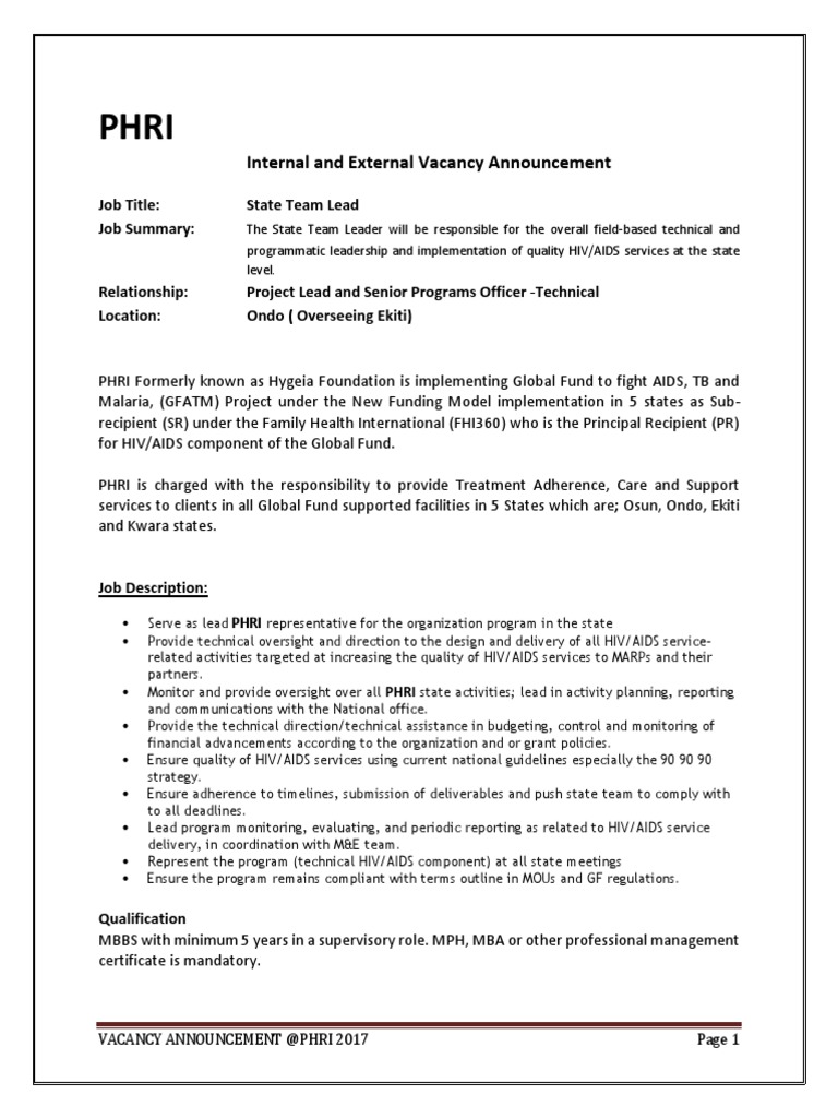 Internal and External Vacancy Announcement (State Team Lead) | PDF ...