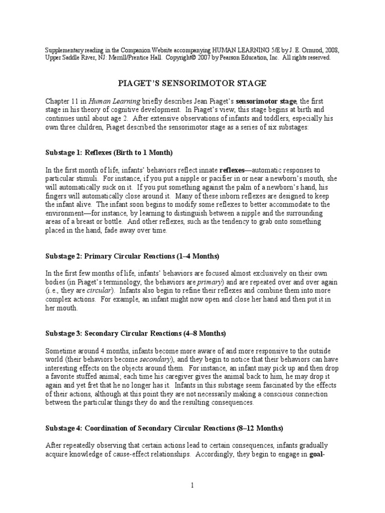 Piaget'S Sensorimotor Stage: Substage 1: Reflexes (Birth To 1 Month) | PDF