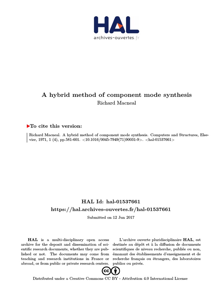 A Hybrid Method of Component Mode Synthesis: To Cite This Version | PDF | Normal Mode | Matrix ...