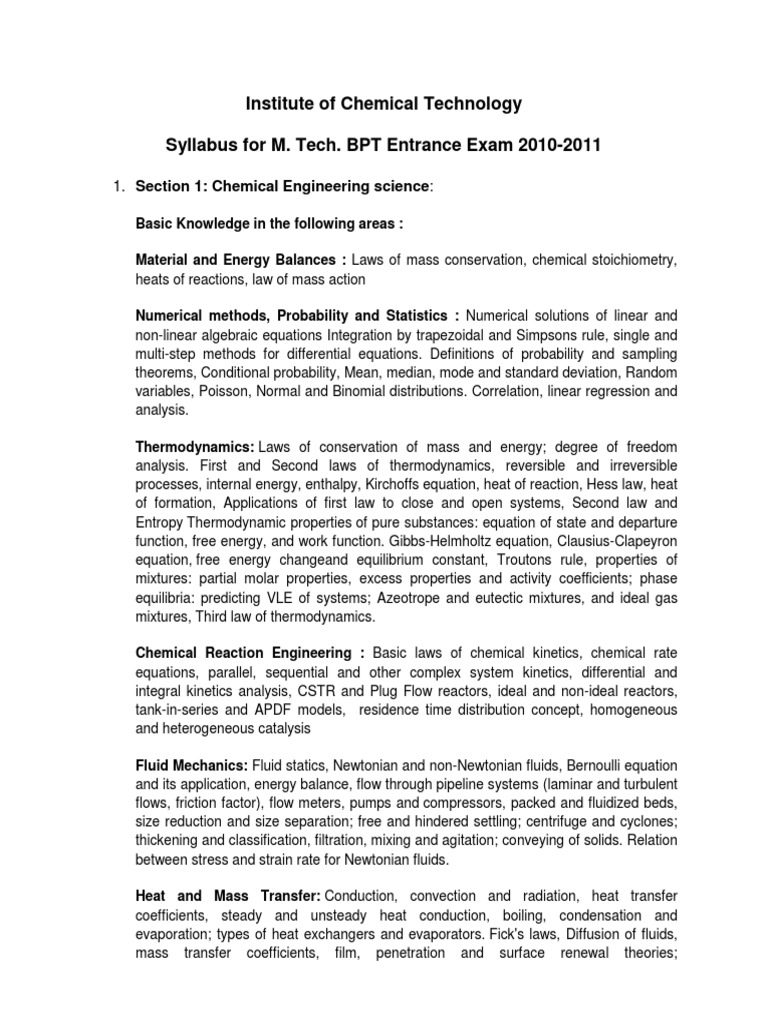 Institute of Chemical Technology Syllabus For M. Tech. BPT Entrance ...