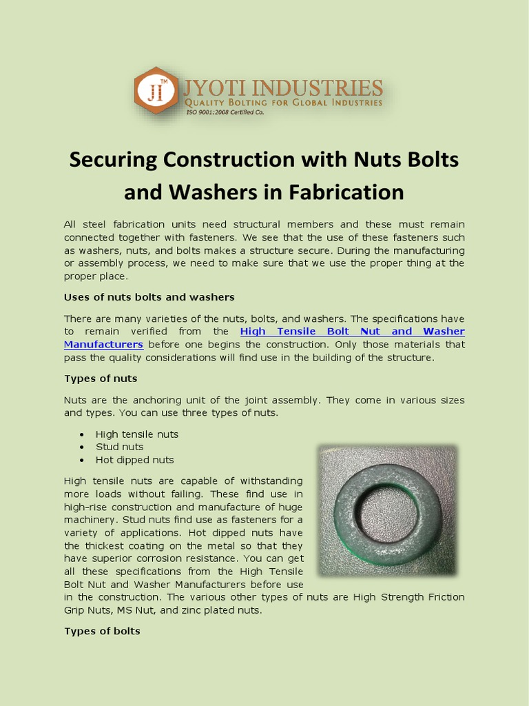 Nuts and Bolts in Construction | PDF | Nut (Hardware) | Screw
