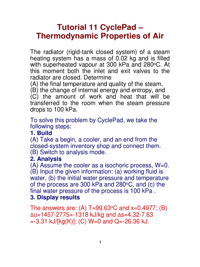 Tutorial 11 Cyclepad - Thermodynamic Properties of Air: 1. Build | PDF