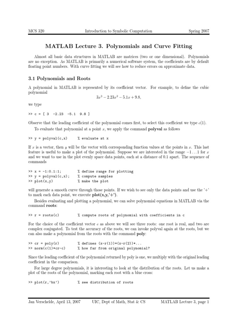 MATLAB Lecture 3. Polynomials and Curve Fitting PDF | PDF