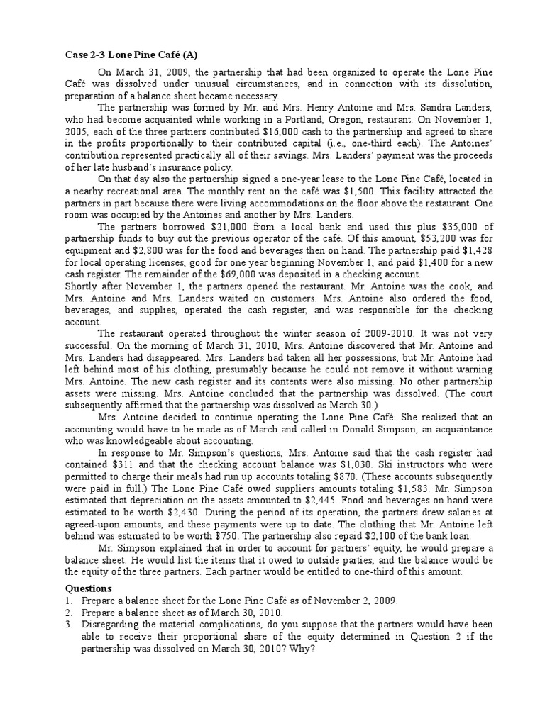 Case 2-3 Lone Pine Cafe (A) | PDF | Partnership | Balance Sheet