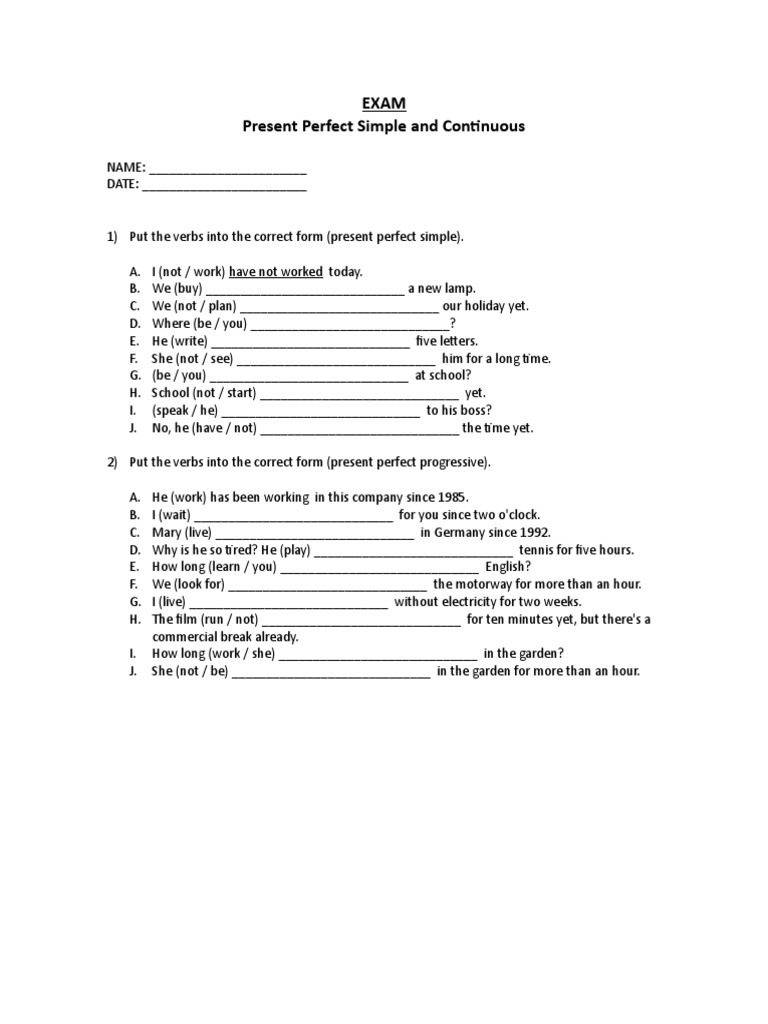 Present Perfect Simple and Continuous Exam | PDF