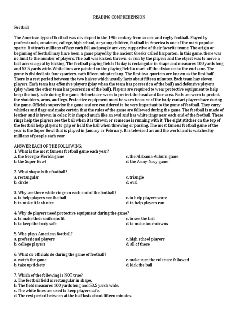 Reading Comprehension 4to Año | PDF | American Football | American ...