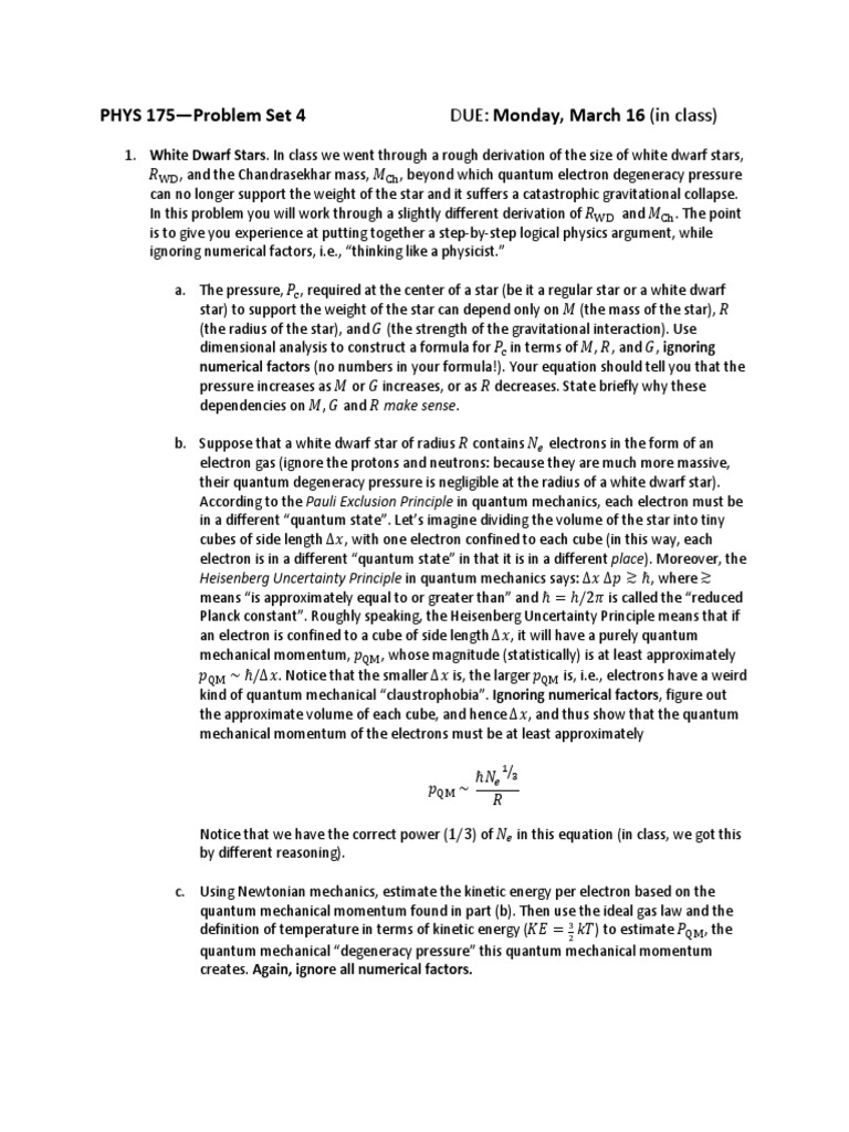 PHYS 175 - Problem Set 4 | PDF | Mass | Stars