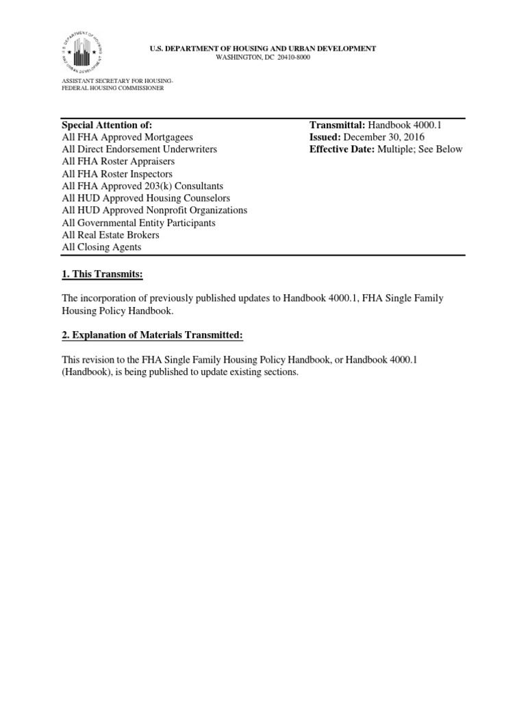 FHA Handbook 4000.1 12-30-16 | PDF | Federal Housing Administration ...