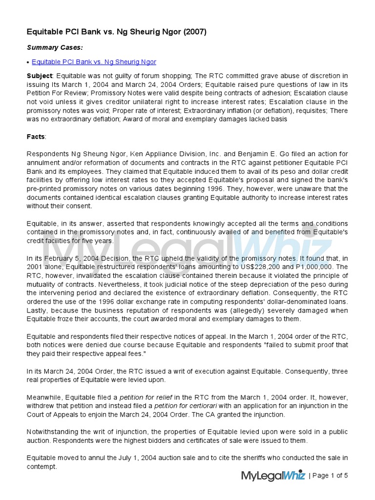 Equitable PCI Bank Vs NG Sheurig Ngor | PDF | Certiorari | Equity (Law)
