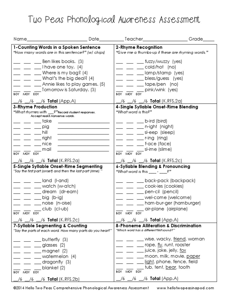 Two Peas Phonological Awareness Assessment | PDF
