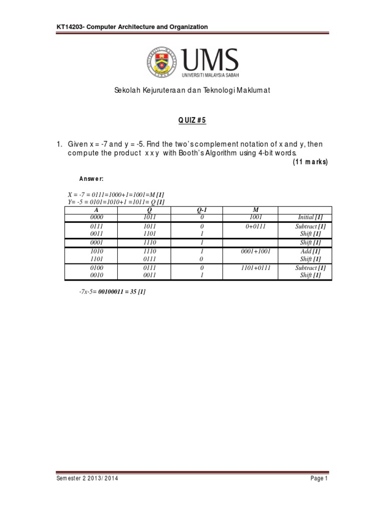 KT14203- Computer Architecture and Organization: Quiz #5 - Step-by-Step Execution of a ...
