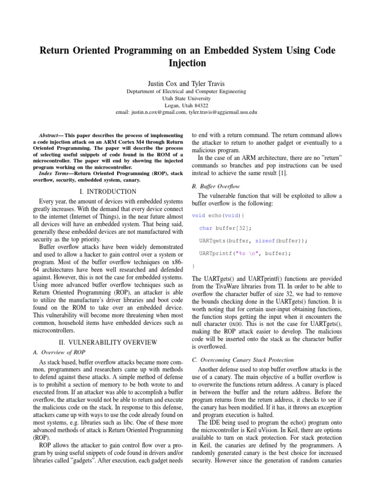 Return Oriented Programming on ARM Cortex M4: Exploiting a Buffer Overflow Vulnerability to ...