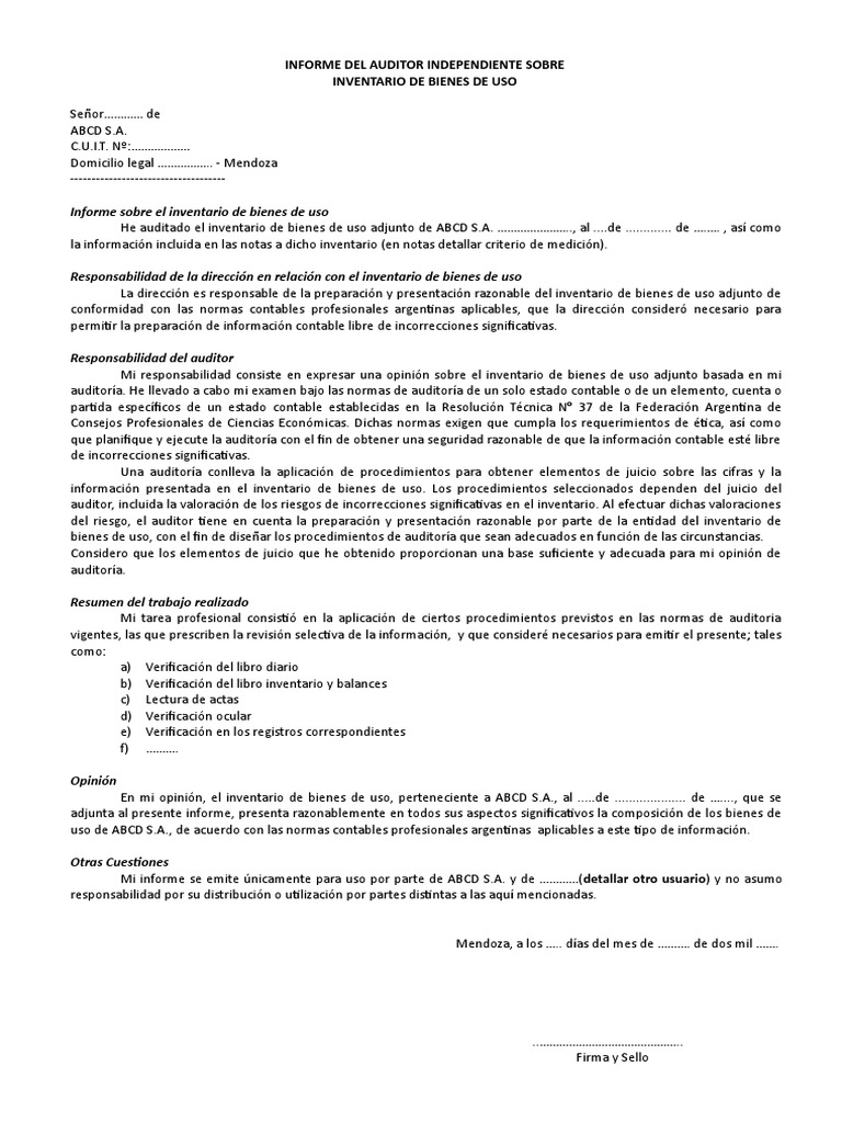 Modelo de Informe Sobre Inventario de Bienes de Uso Rt37 | PDF | Contralor | Contabilidad
