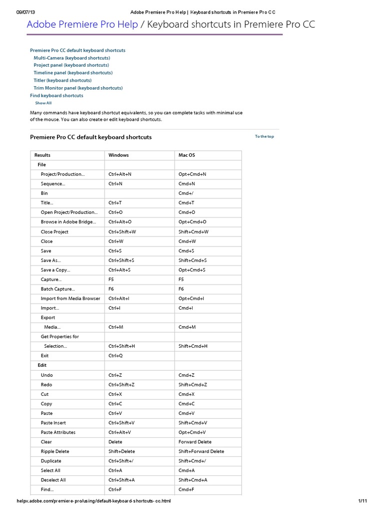 Adobe Premiere Pro Help Keyboard Shortcuts in Premiere Pro CC | PDF ...