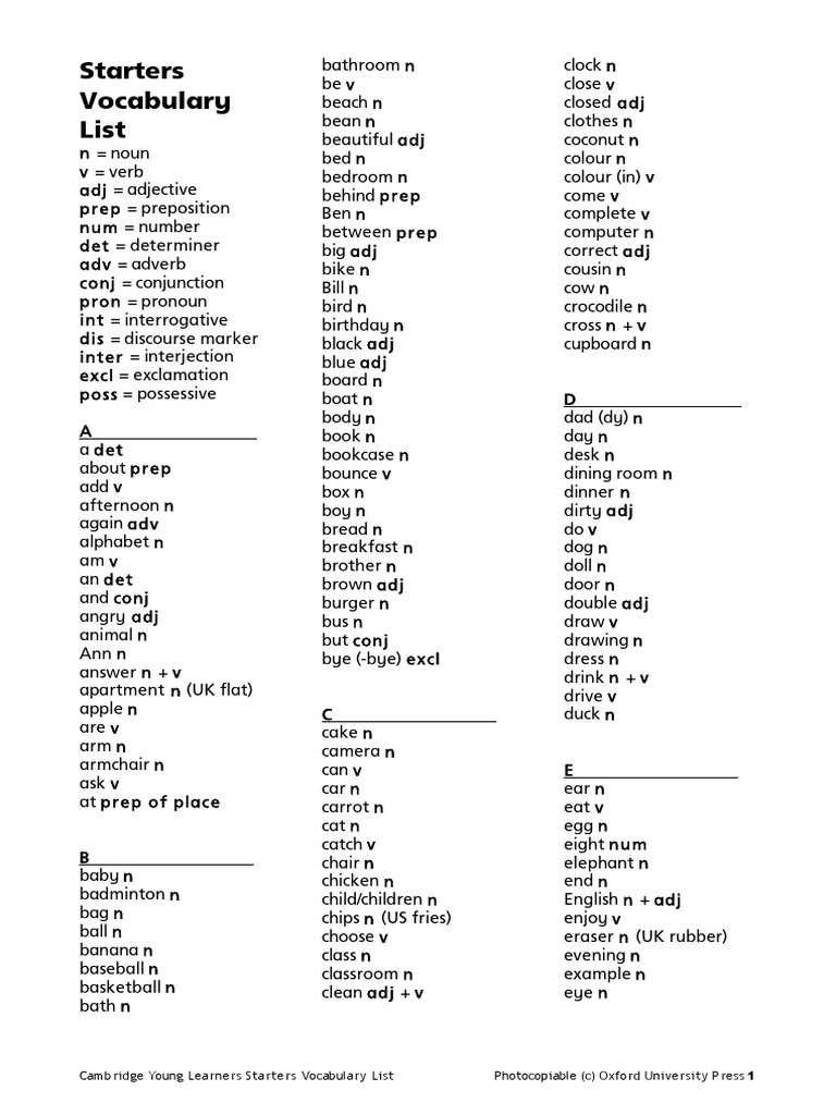 CYL_Starters_Vocabulary_List.pdf | Adjetivo | Idiomas