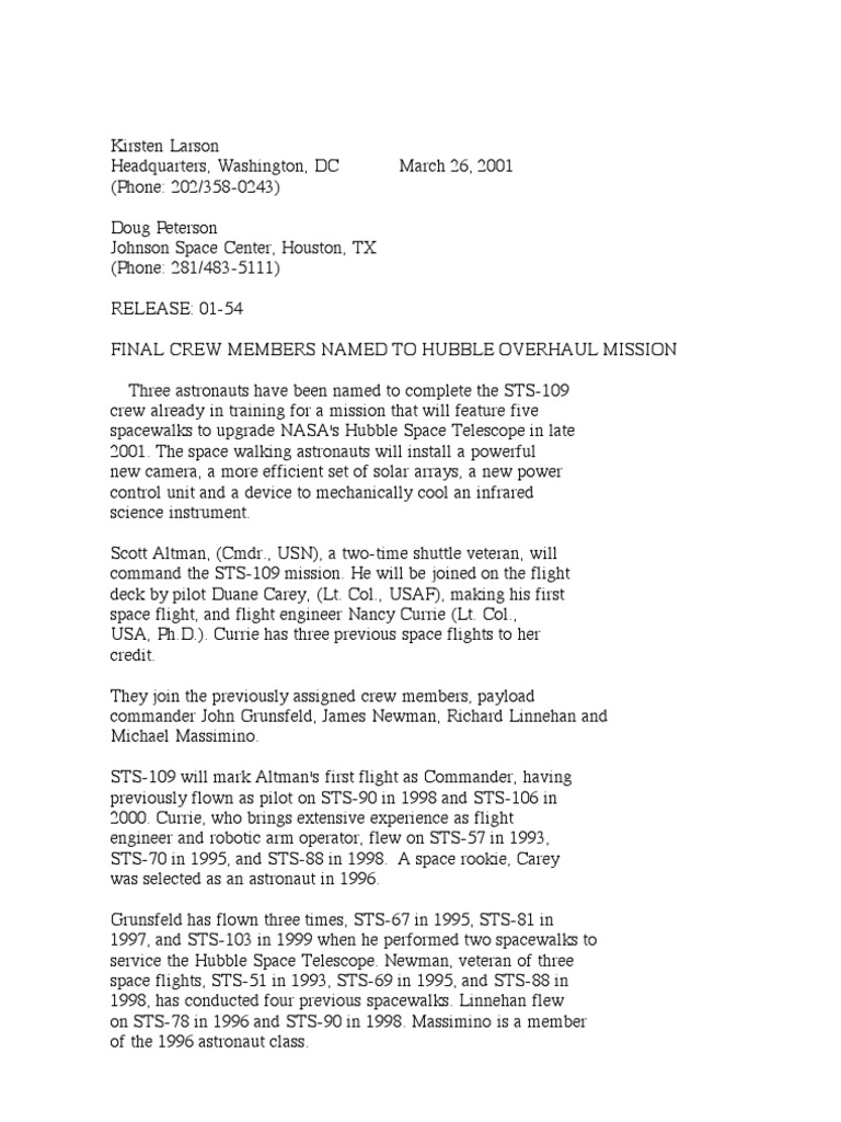 Official NASA Communication 01-054 | PDF