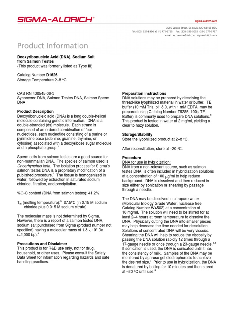 Salmon Testes DNA Sodium Salt D1626 | PDF | Dna | Nucleotides