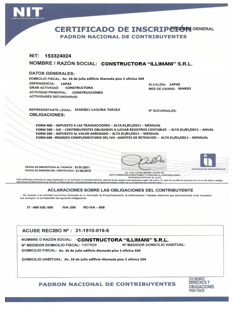 Certificado D Inscri. Nit | PDF | Pagos | Impuestos