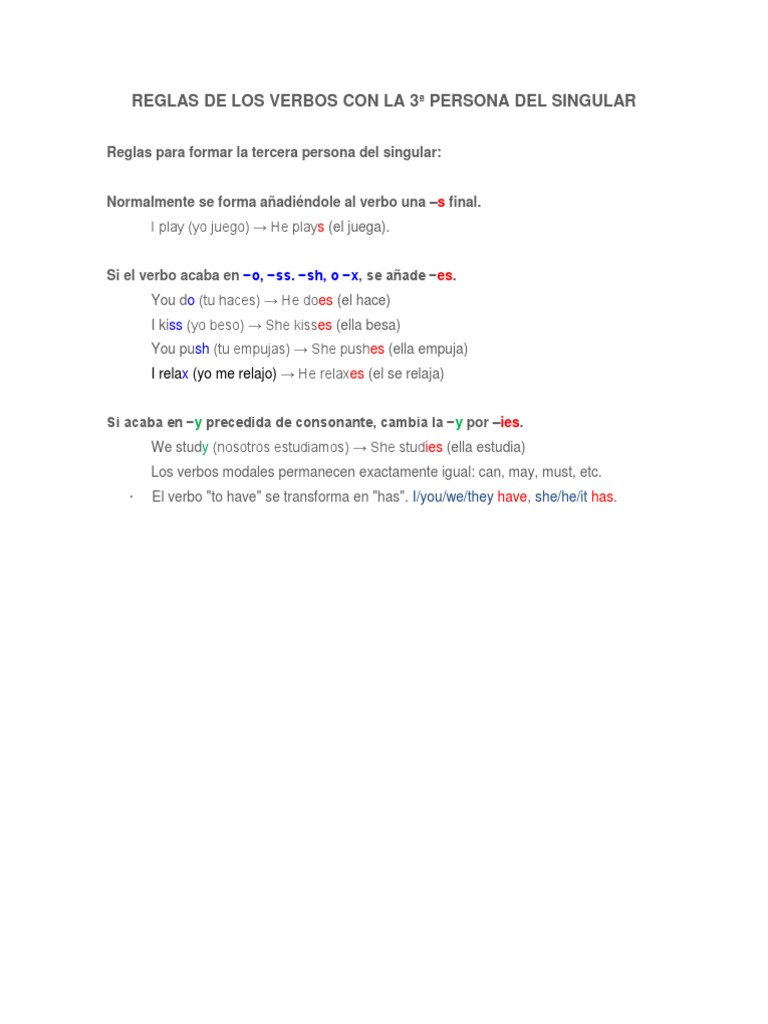 Reglas De Los Verbos Con La 3 Persona Del Singular Pdf Idiomas