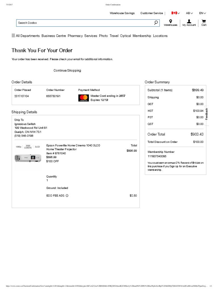 Costco Order Confirmation Receipt | PDF | Payments | Distribution ...