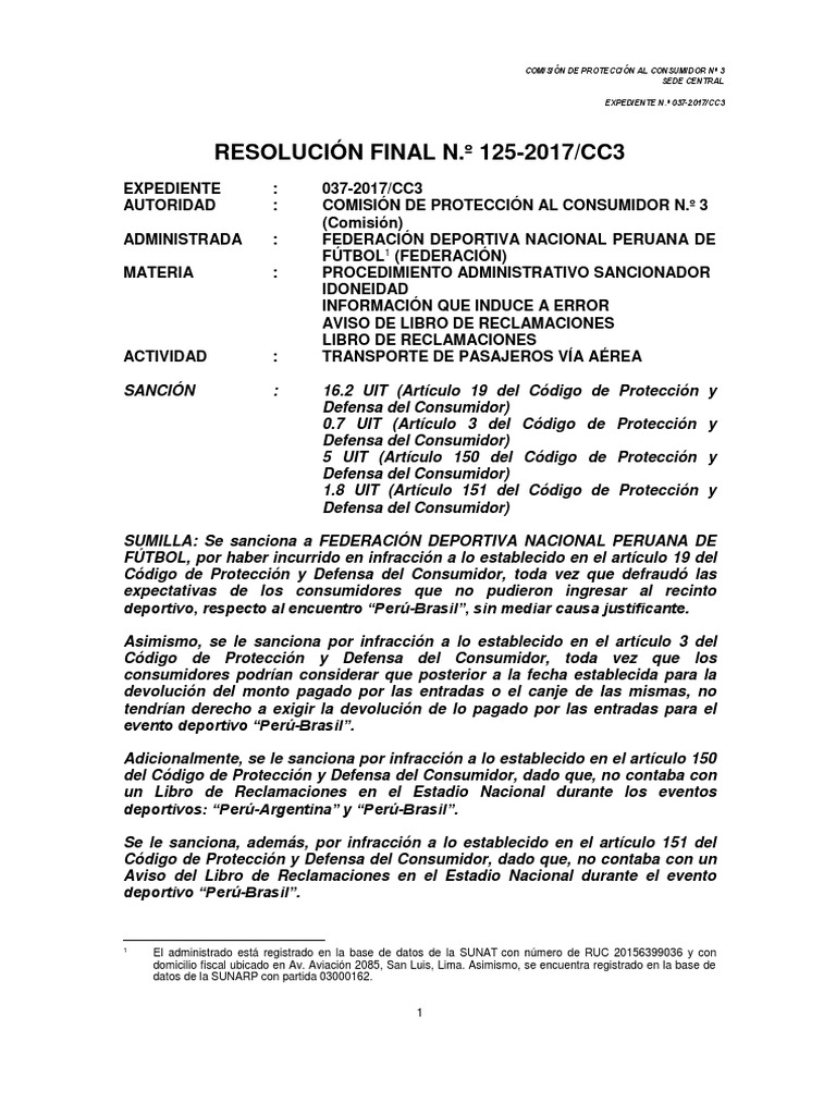 El Indecopi Sanciona En Primera Instancia A La Fpf Por Afectar Derechos
